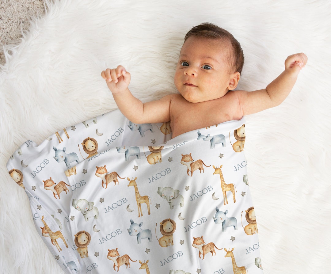 Personalized Safari Animals Swaddle Blanket, Receiving Blanket ...