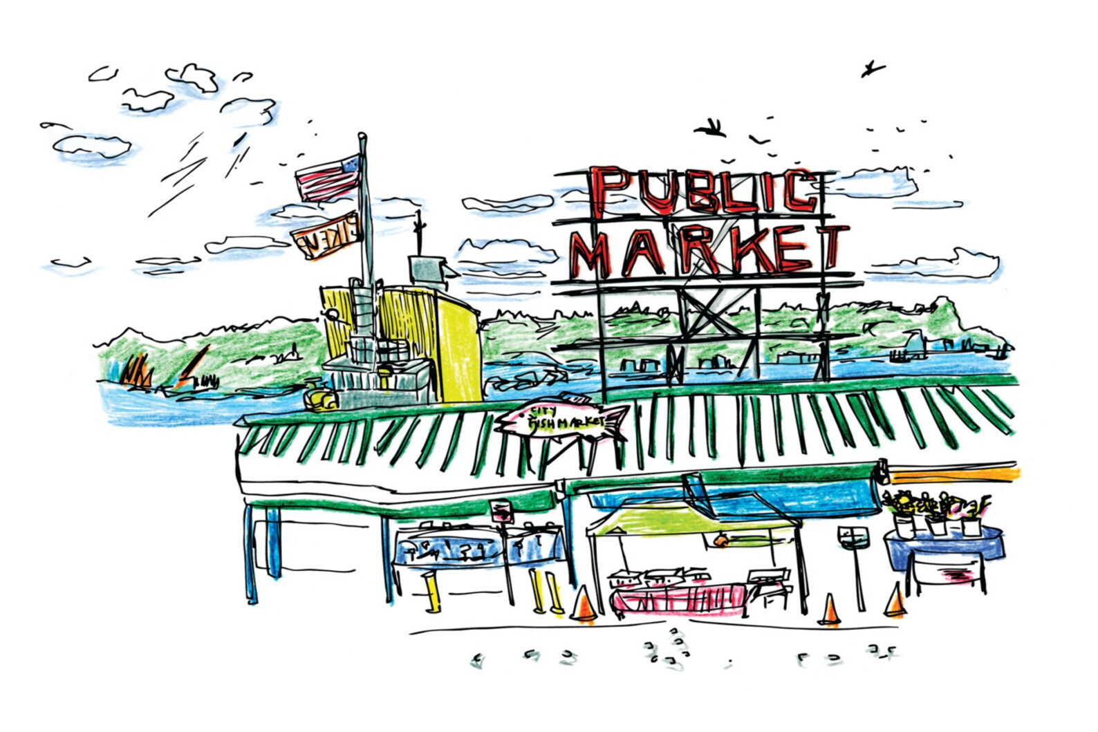 Public Market Print, Market 8x10 Print, Seattle Print, Illustrated ...