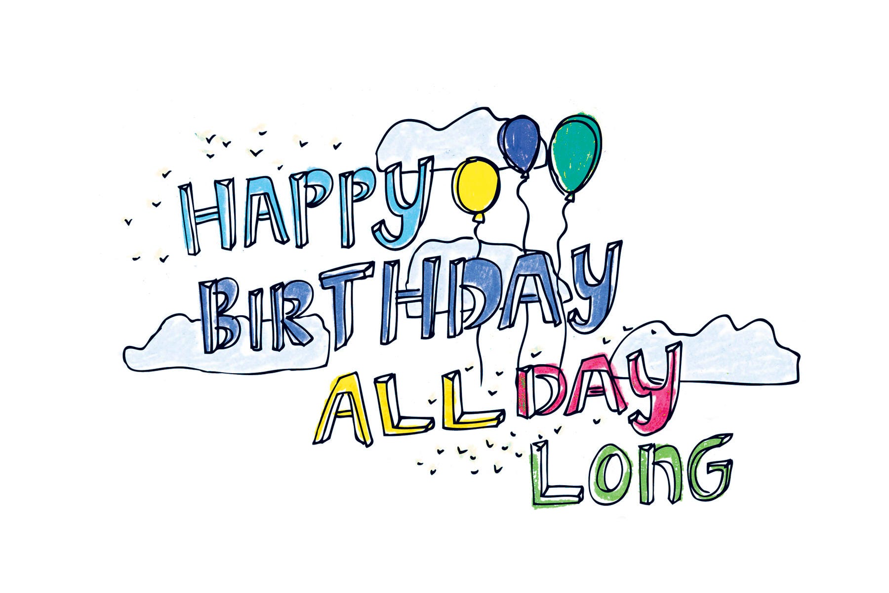 All Day Long Card, Happy Birthday Card, Illustrated Card, Blank Note ...