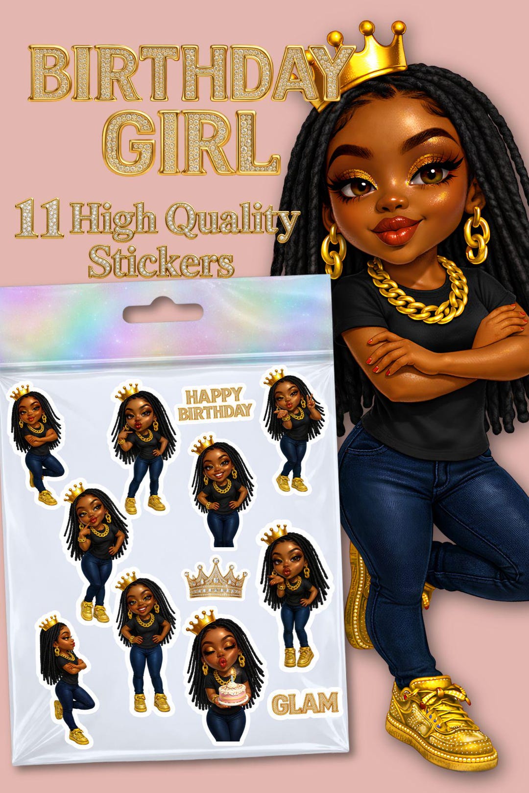 Birthday Girl Glam Sticker Pack | Black Girl PNG Stickers | Instant ...