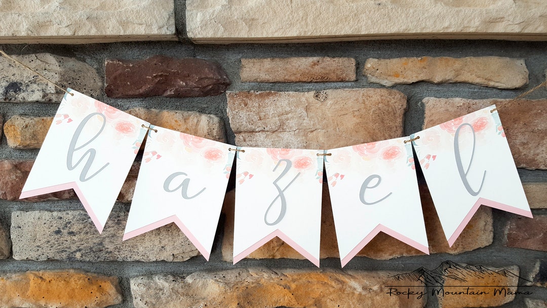Flower Name Banner, Pink and Gray Floral Baby Shower Banner - Etsy