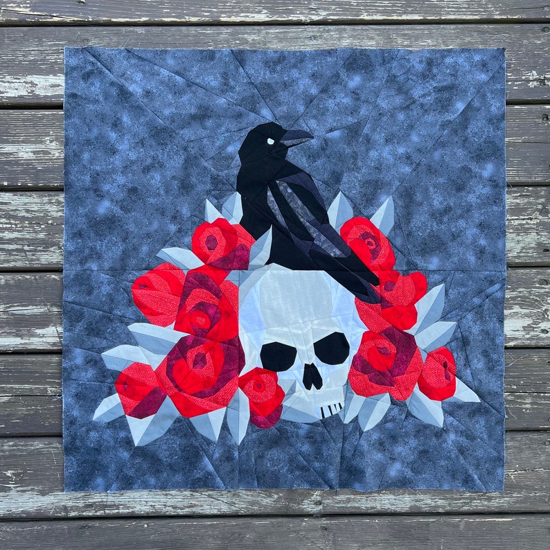 Raven Skull and Roses Foundation Paper Piecing Pdf Pattern - Etsy