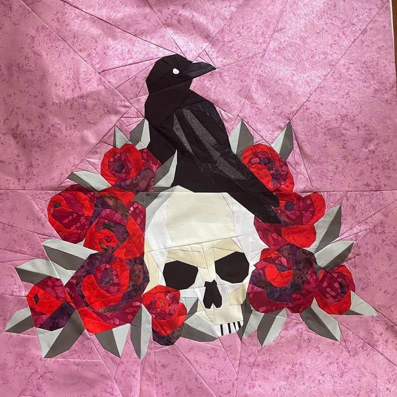 Raven Skull and Roses Foundation Paper Piecing Pdf Pattern - Etsy