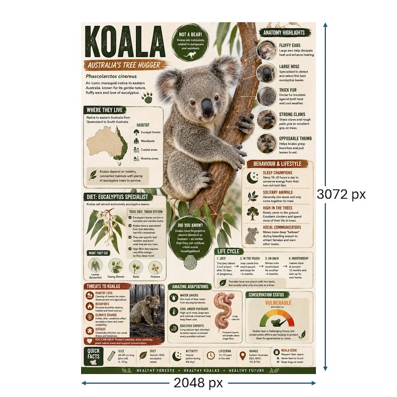 Koala Educational Poster | Australian Wildlife Art (digital Download ...