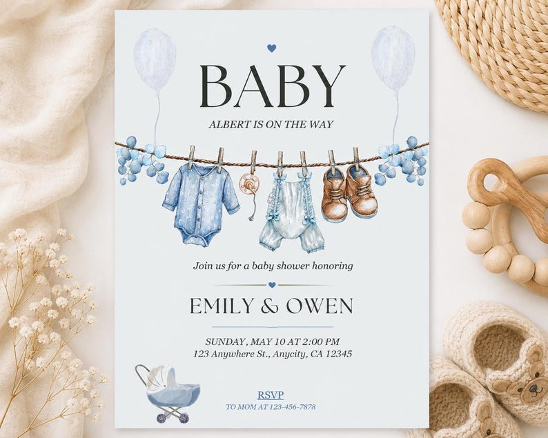 Editable Baby Boy Shower Invitation Blue Watercolor Baby Clothes