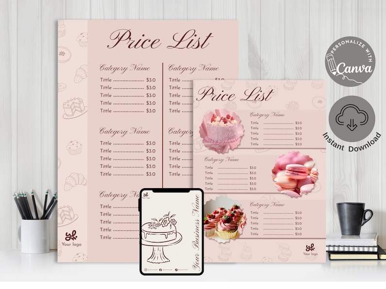 Editable Bakery Price List Template Canva, Pink Cake Menu for Small ...