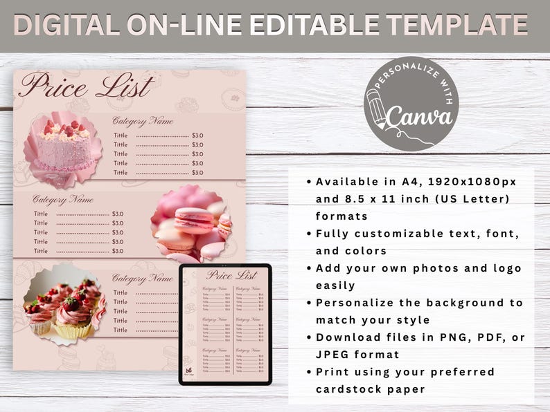 Editable Bakery Price List Template Canva, Pink Cake Menu for Small ...