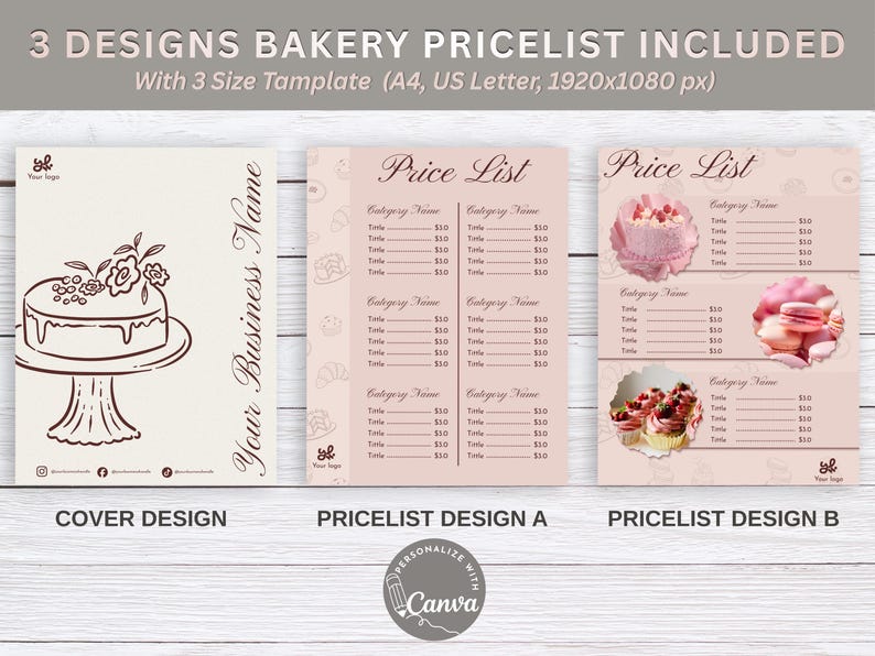Editable Bakery Price List Template Canva, Pink Cake Menu for Small ...