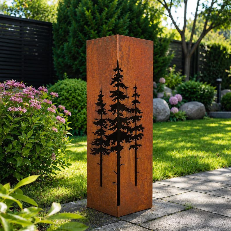 Pine Tree Metal Garden Column, Laser Cut Outdoor Yard Decor, Rustic ...