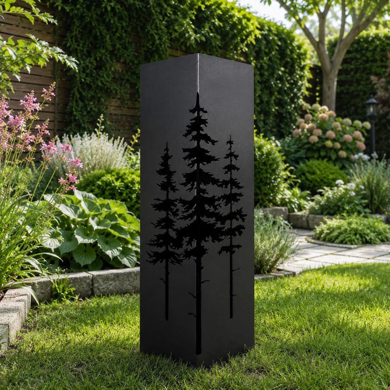 Pine Tree Metal Garden Column, Laser Cut Outdoor Yard Decor, Rustic ...