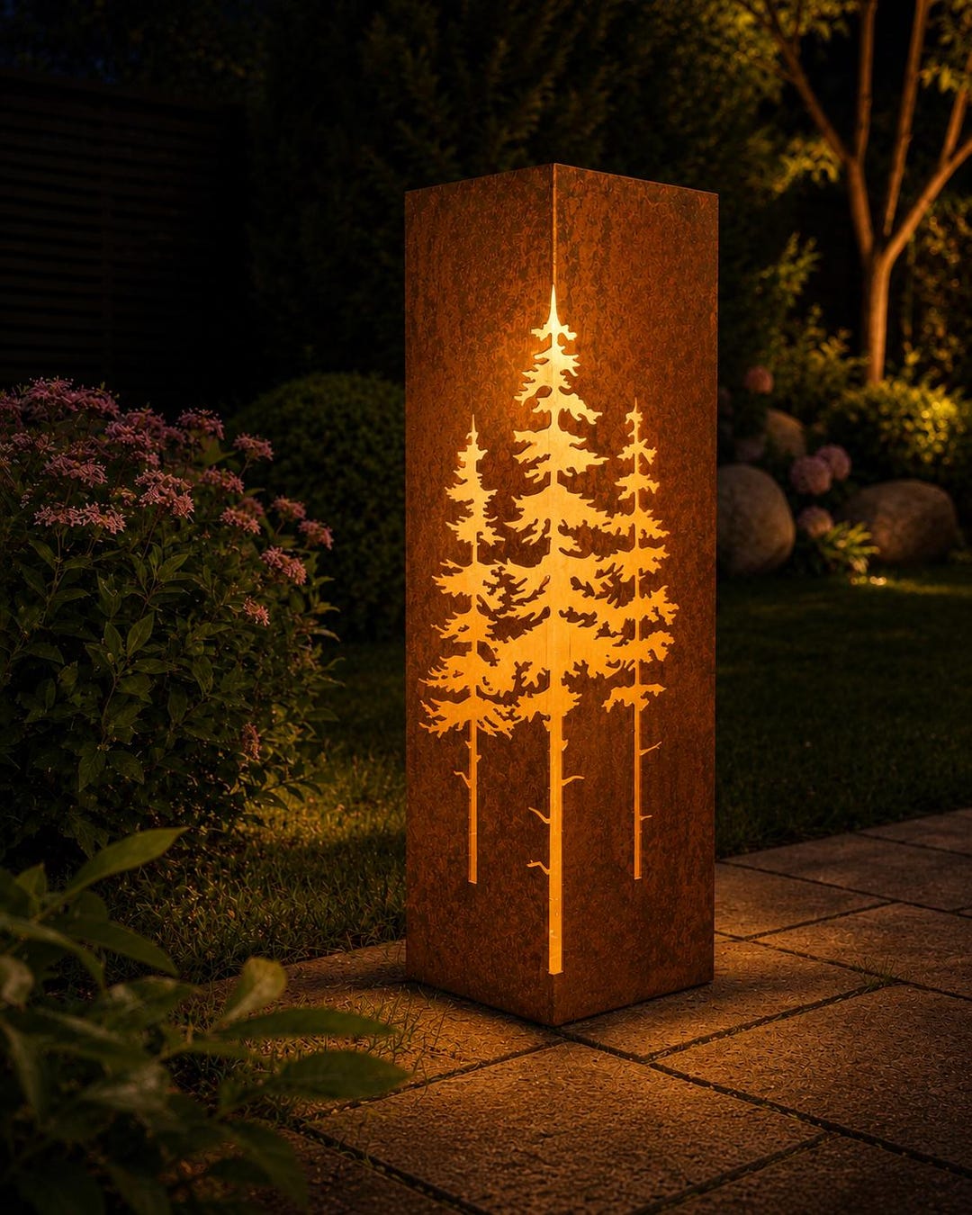Pine Tree Metal Garden Column, Laser Cut Outdoor Yard Decor, Rustic ...