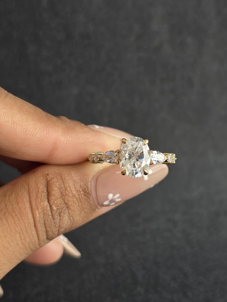 Oval Cut Engagement Ring, Pear and Round Cut Side Stone Ring - Etsy