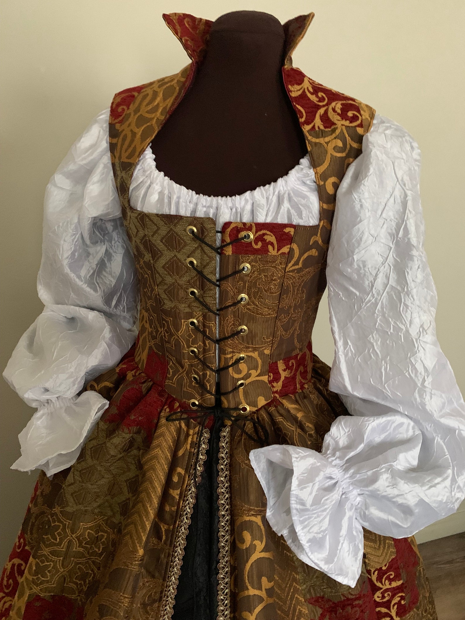 Patchwork Tapestry in Wine Sage and Gold Renaissance Over Gown Dress W ...