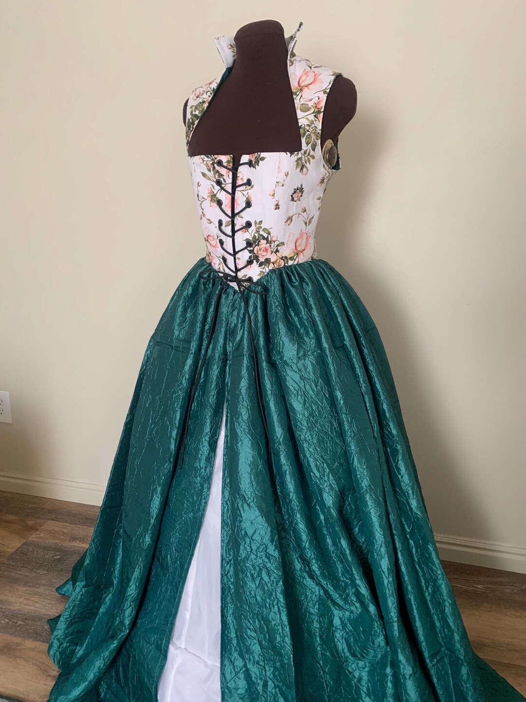 Pink Rose Bud and Light Blue Bodice W/attached Green Skirt Renaissance ...