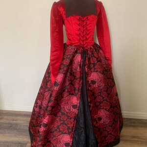 Scarlet Red Velvet and Black Skull Brocade Over Gown With Sleeves ...