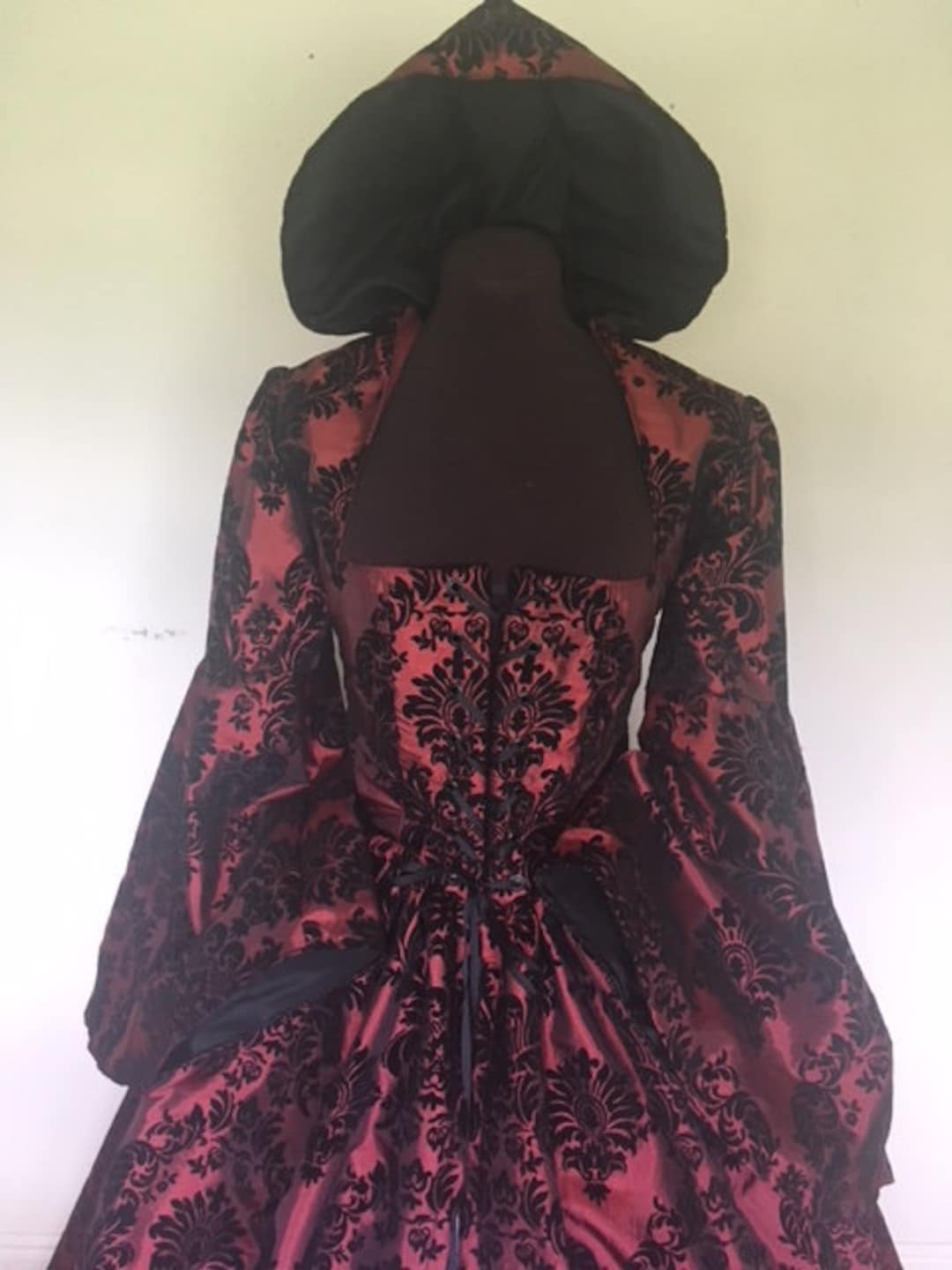 Burgundy and Black Fantasy Renaissance Over Gown Dress With Hood and ...