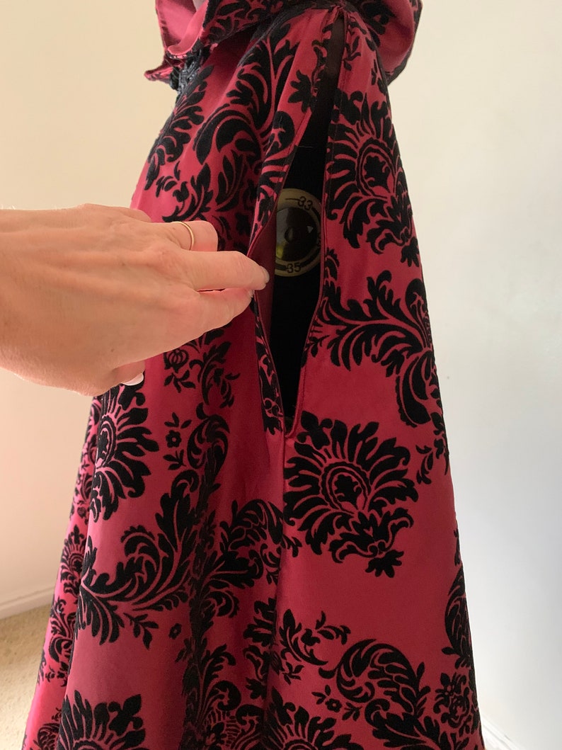 Burgundy & Black Flocked Hooded Cloak - Renaissance Goth Regency Cape ...