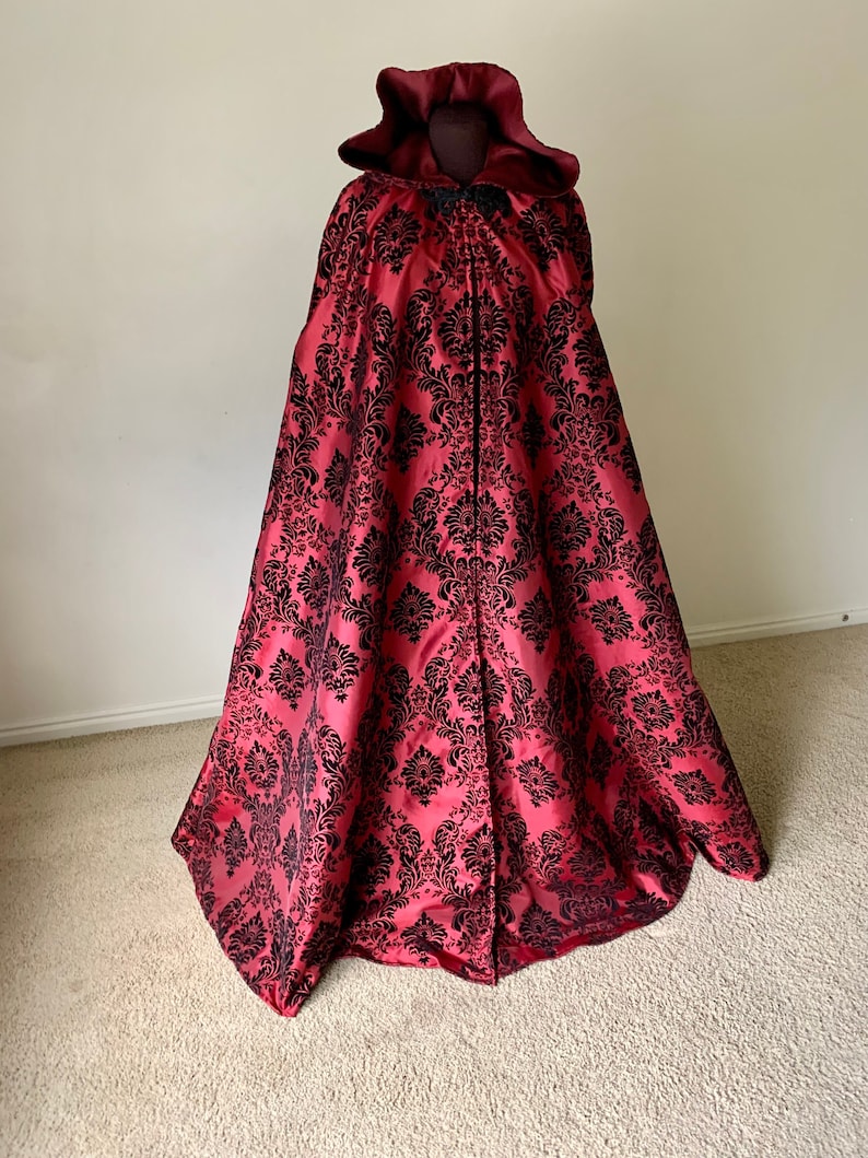Burgundy & Black Flocked Hooded Cloak - Renaissance Goth Regency Cape ...