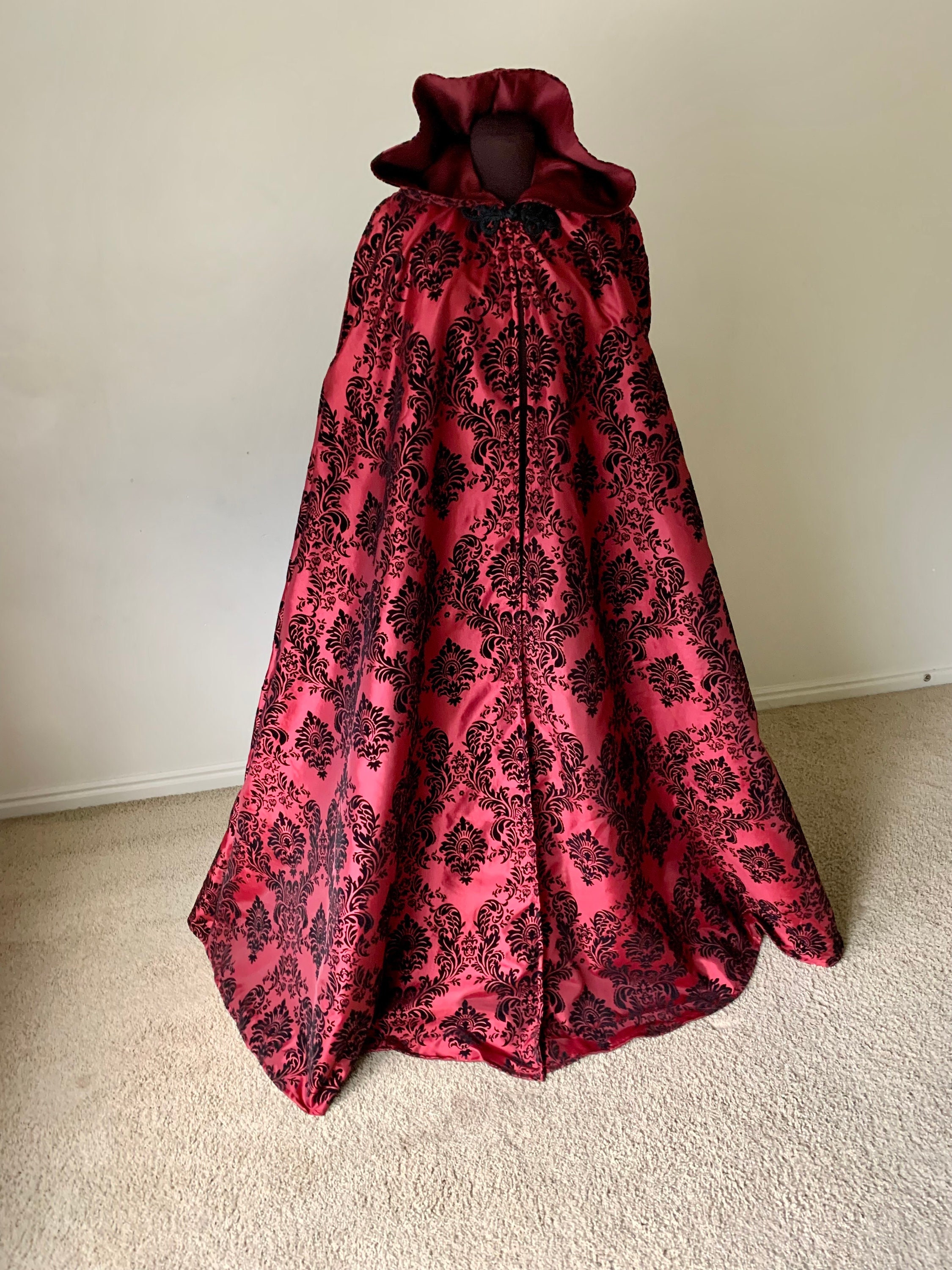 Burgundy & Black Flocked Hooded Cloak - Renaissance Goth Regency Cape ...