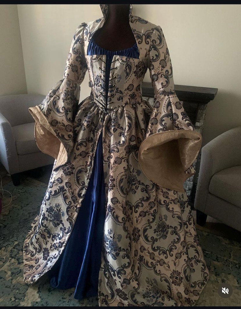 Pale Gold and Royal Blue Fantasy Renaissance Over Gown Dress Sleeves ...