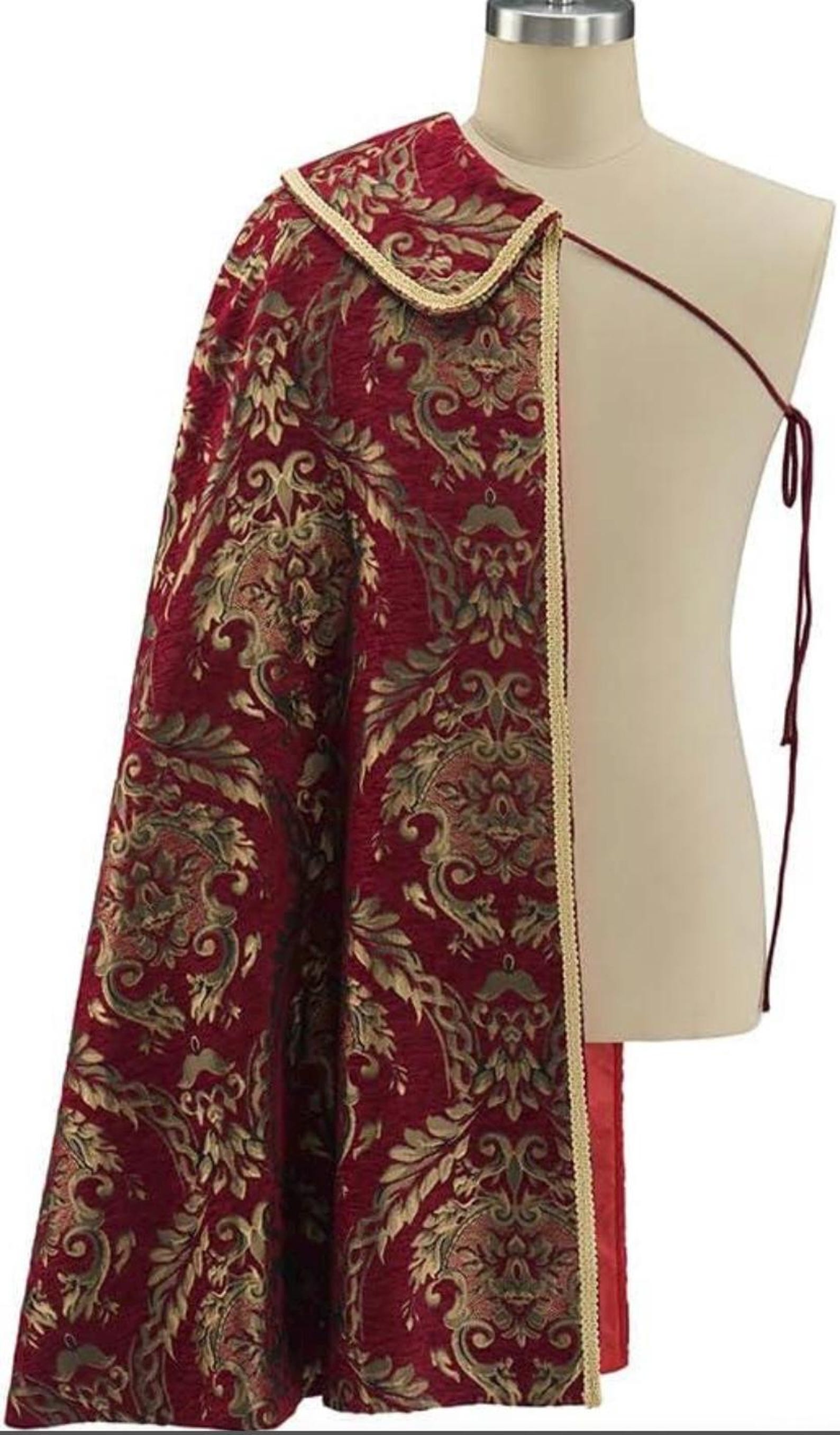 Burgundy & Black Flocked Hooded Cloak - Renaissance Goth Regency Cape ...