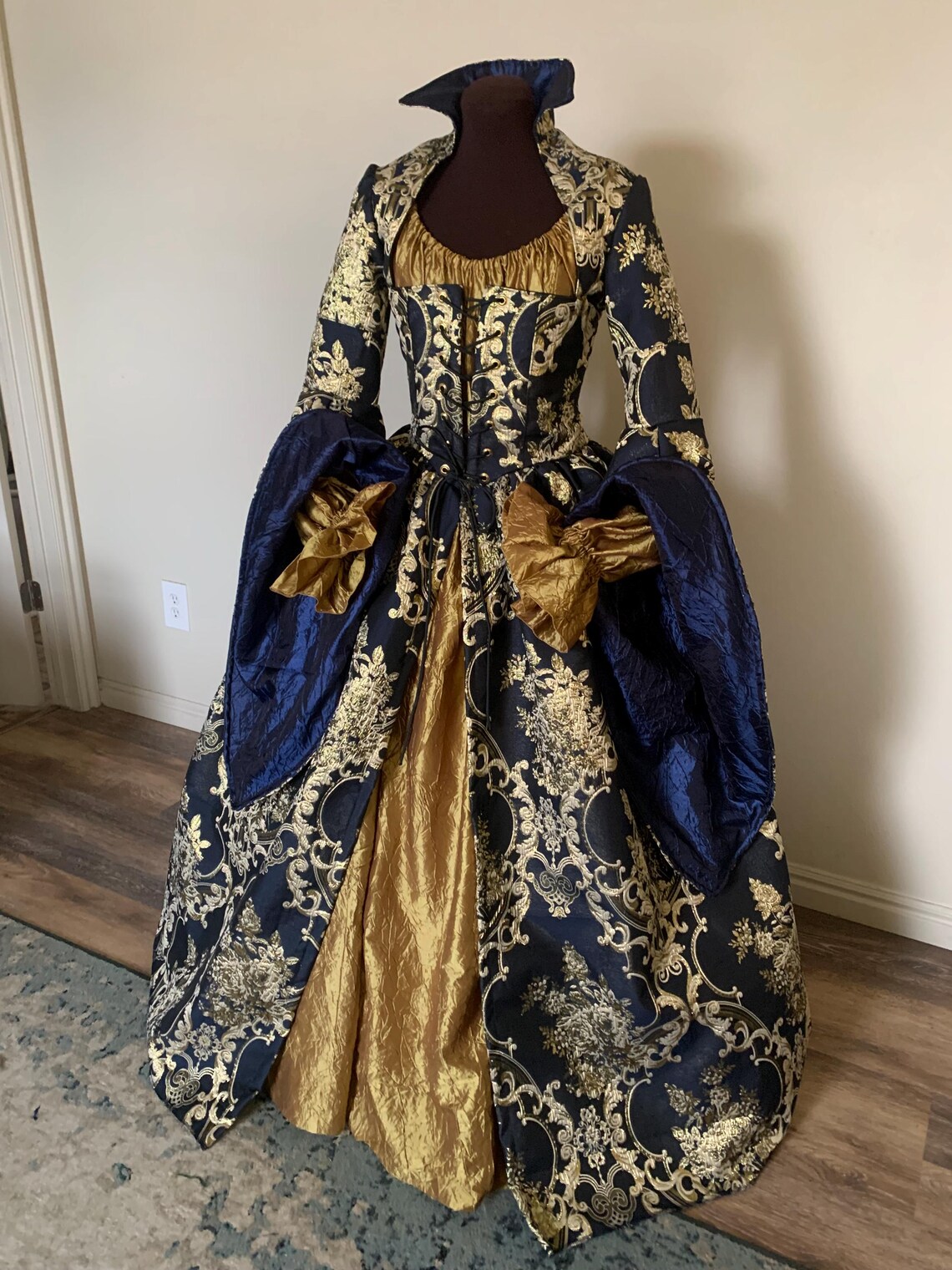 Navy Blue and Gold Fantasy Renaissance Over Gown Dress Sleeves Sorcerer ...