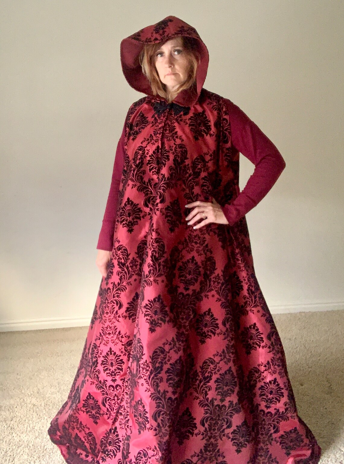 Burgundy & Black Flocked Hooded Cloak - Renaissance Goth Regency Cape ...