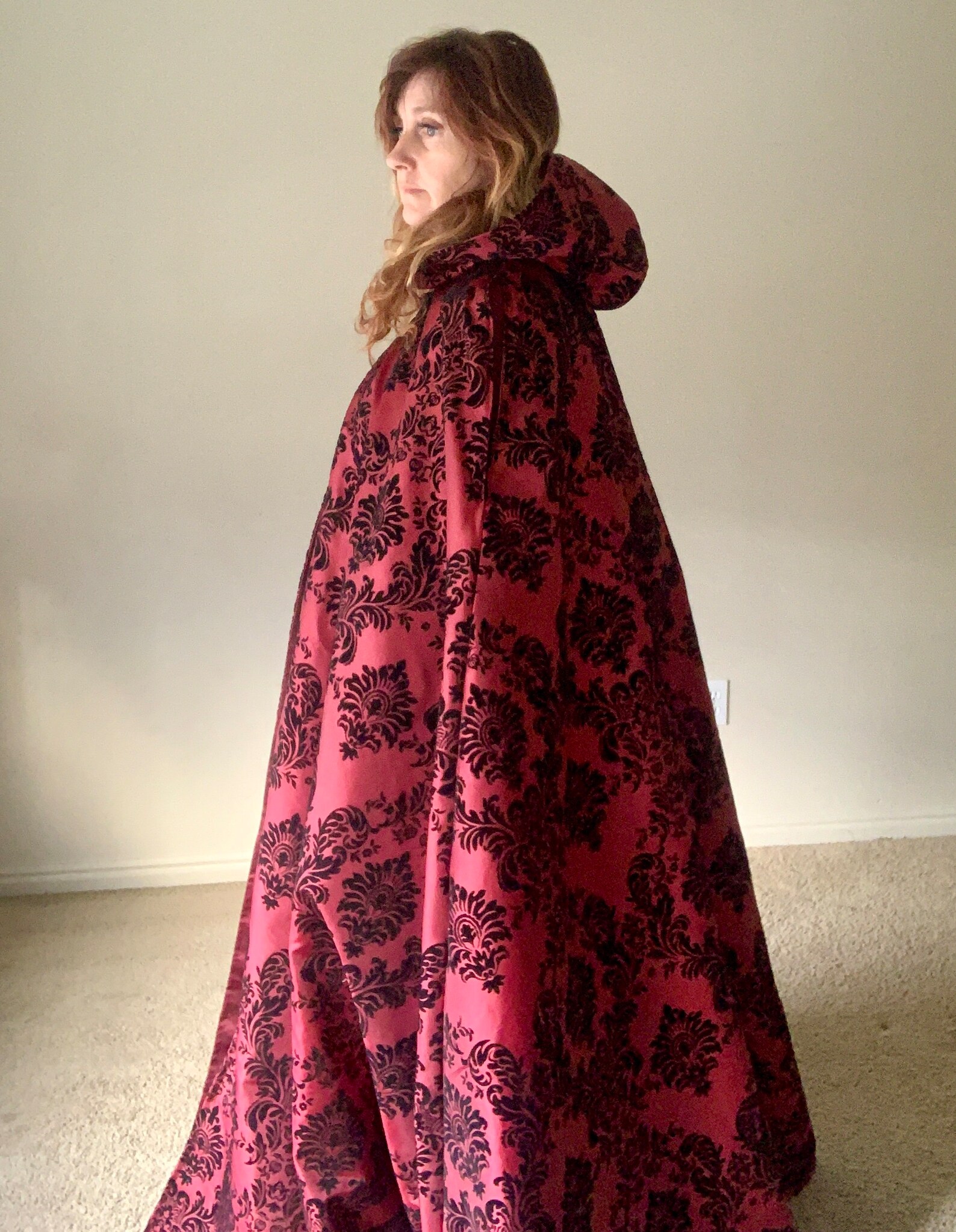 Burgundy & Black Flocked Hooded Cloak - Renaissance Goth Regency Cape ...
