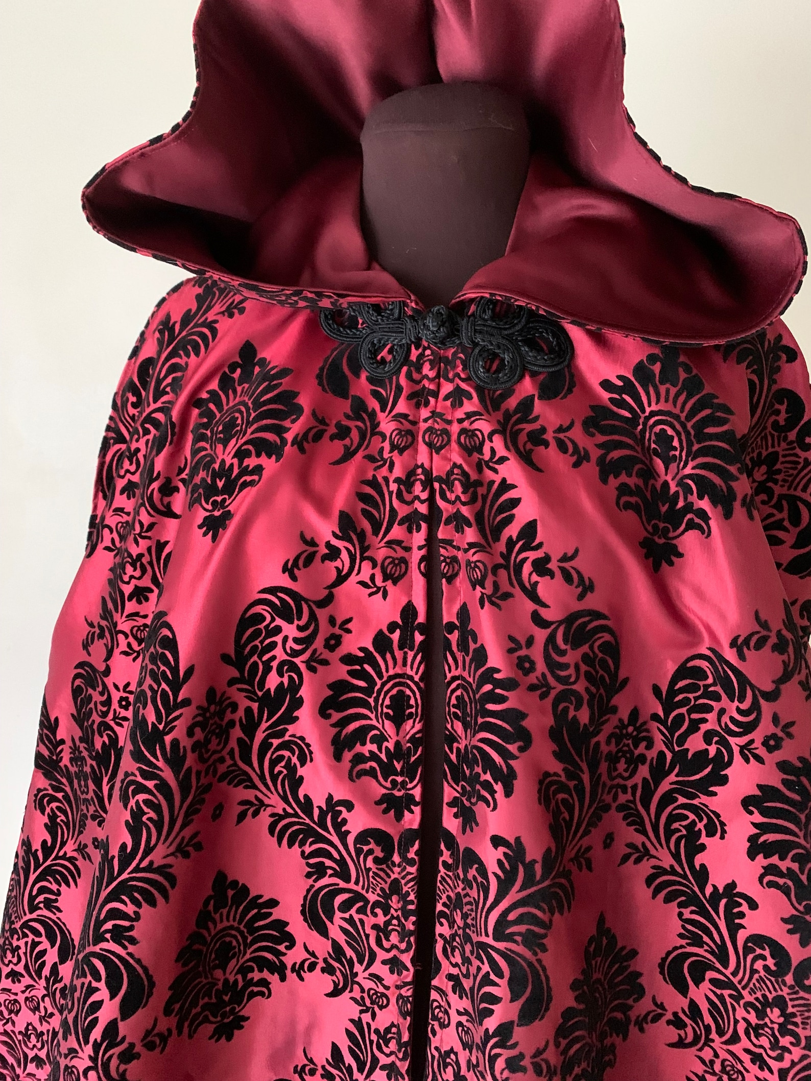 Burgundy & Black Flocked Hooded Cloak - Renaissance Goth Regency Cape ...