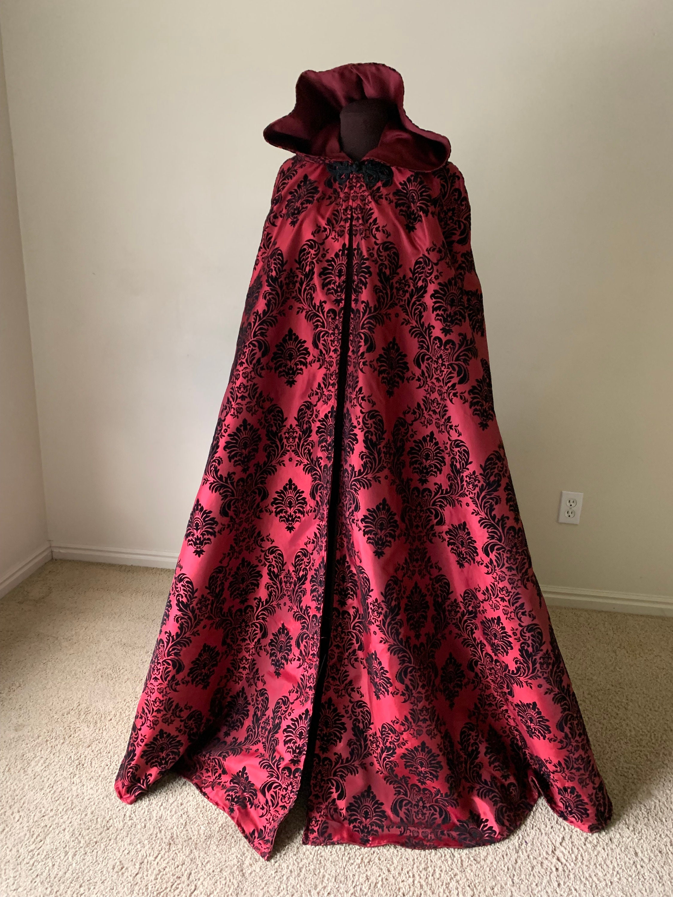 Burgundy & Black Flocked Hooded Cloak - Renaissance Goth Regency Cape ...