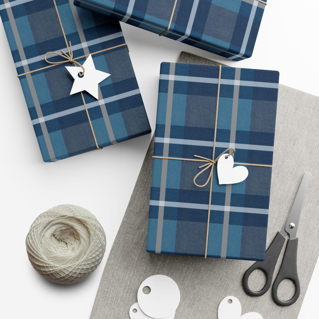 Blue Plaid Gift Wrap Paper Rolls, Traditional Christmas Plaid Wrapping ...