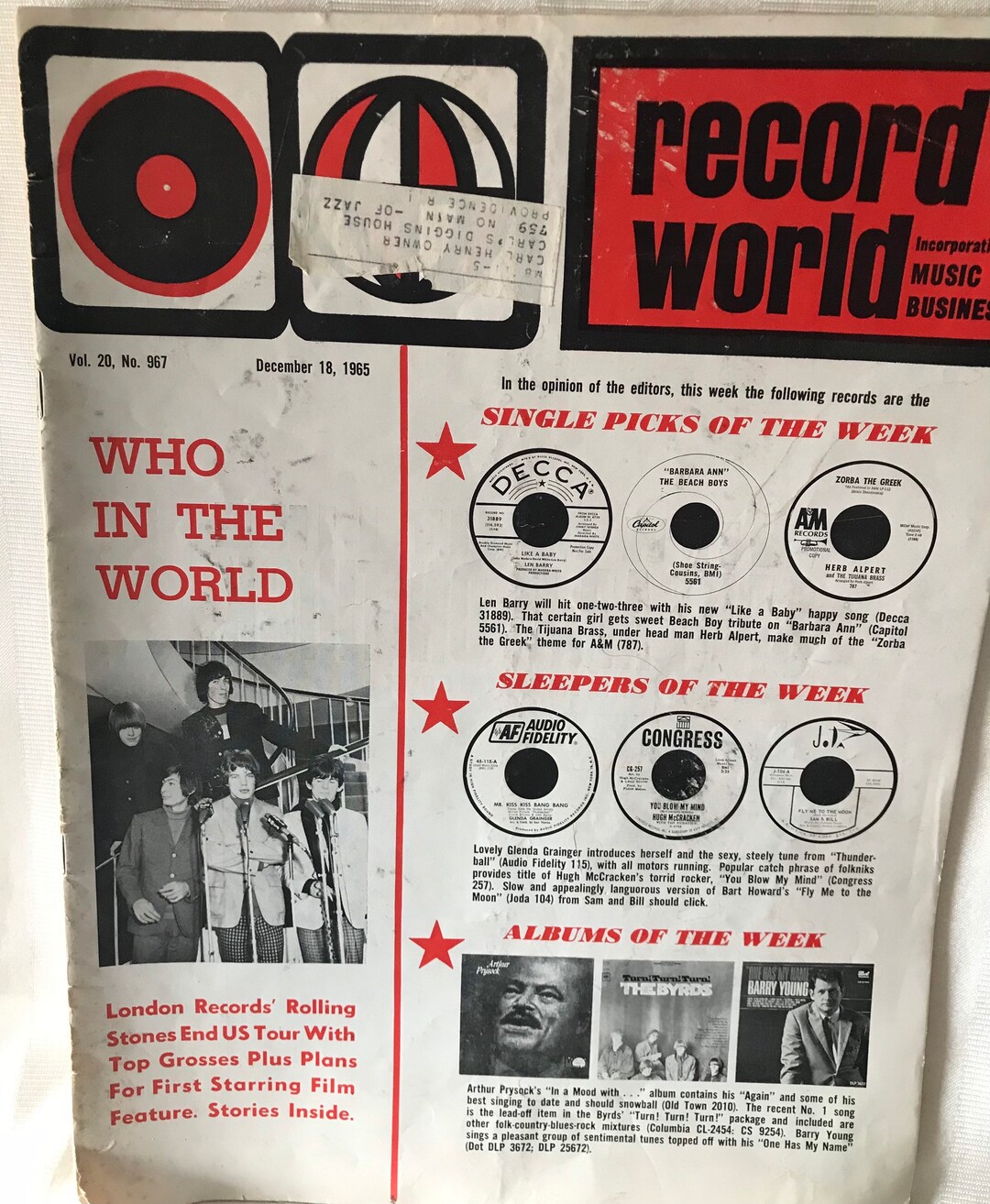 Vintage Record World Magazine•vol 20 No. 967 December 18, 1965•record ...