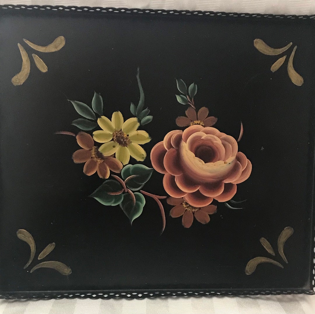 Hand Painted Metal Tray • Vintage Painted Tray• 1950’s Serving Tray ...