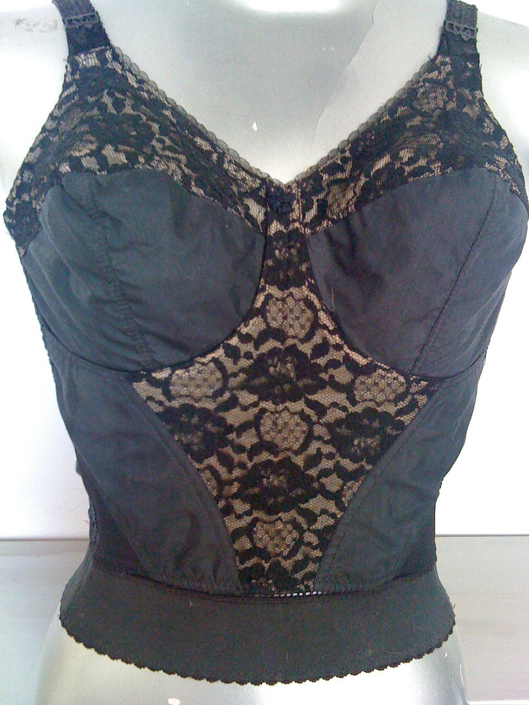 Women's Vintage Lingerie / 1950's Black Lace and Taffeta Long Line Bra ...