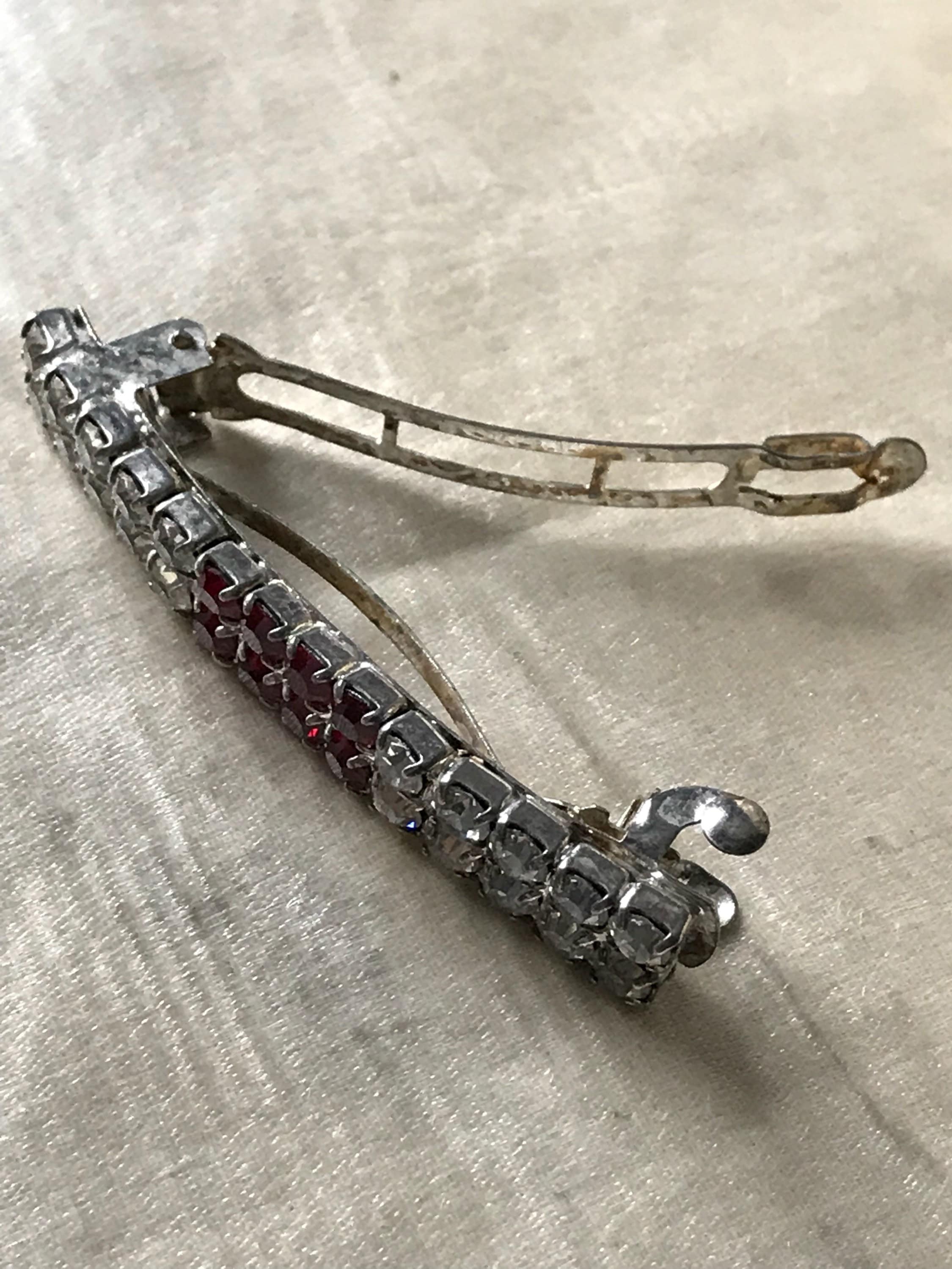 Vintage Jeweled Barrette / Clear and Red Rhinestone Barrette / 1980's ...