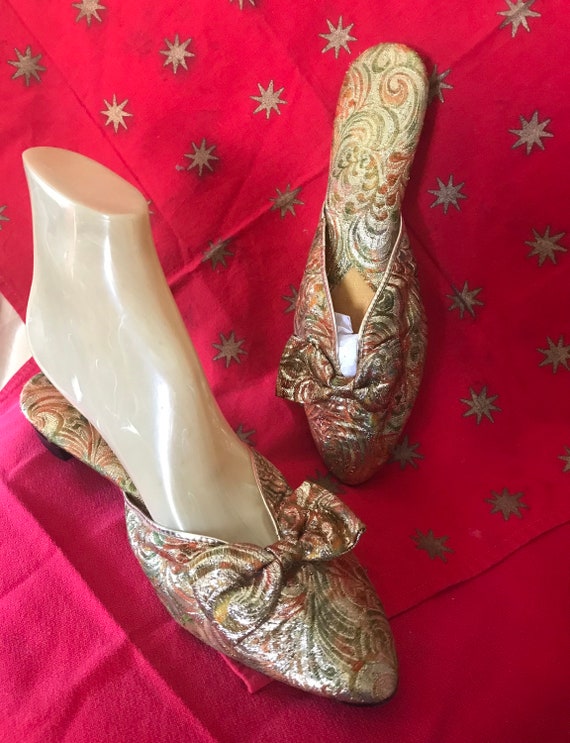 Vintage Lounging Slippers • 1950’s Gold Lame Patterne… - Gem