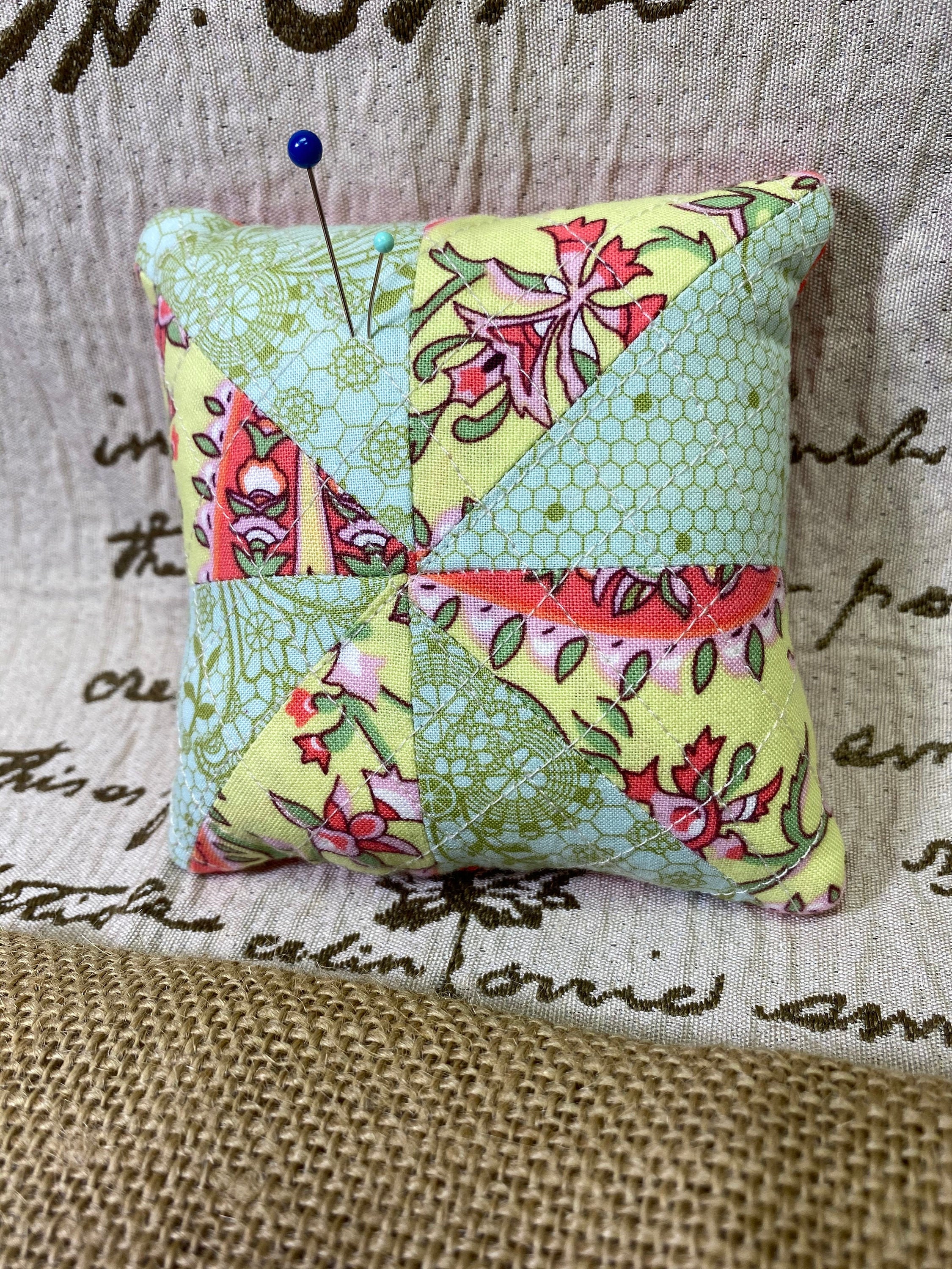 Patchwork Quilted Pin Cushion In Aqua And Red Etsy