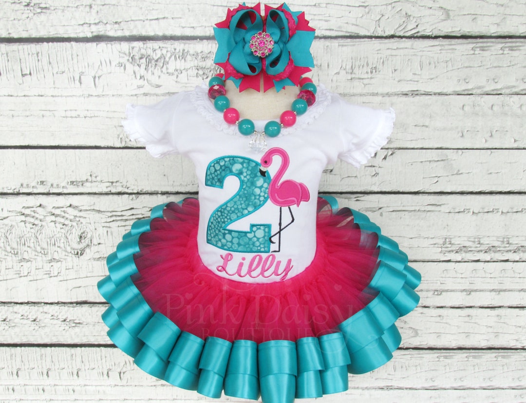 Girls Flamingo Pool Party Ribbon Tutu Set in Shocking Pink (fuchsia ...