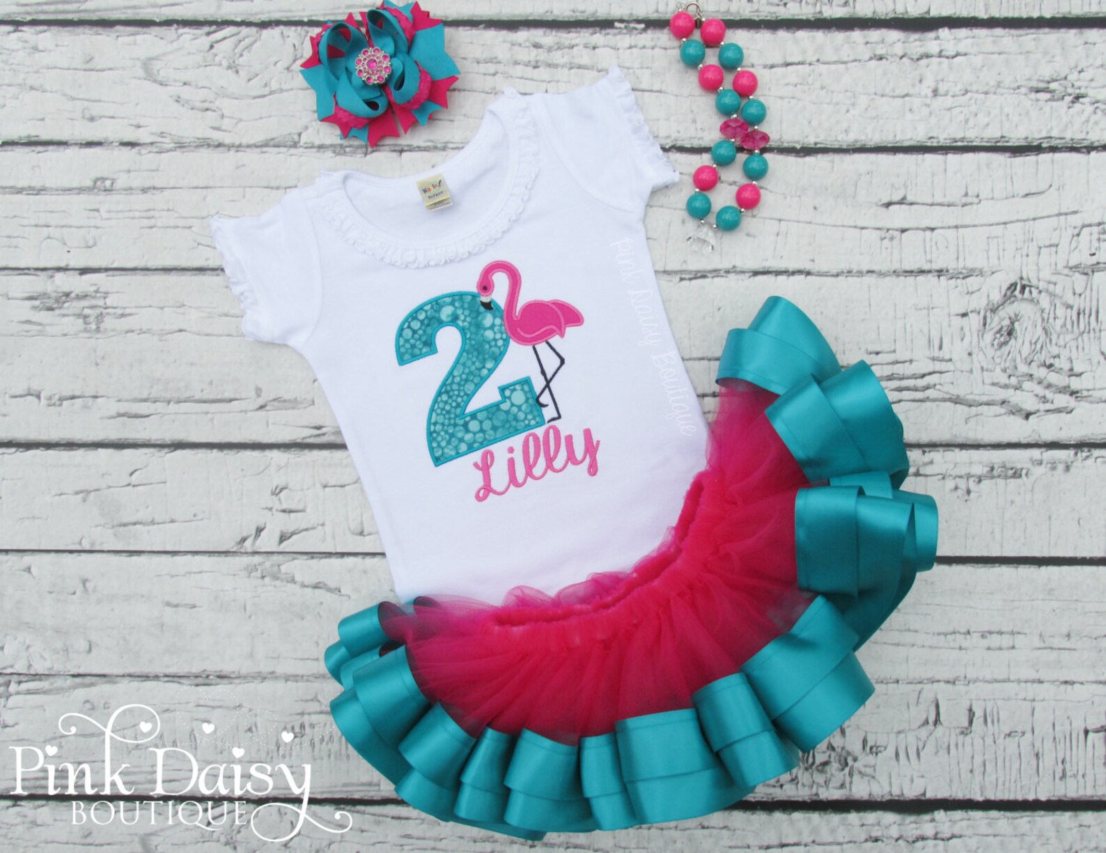 Girls Flamingo Pool Party Ribbon Tutu Set in Shocking Pink (fuchsia ...