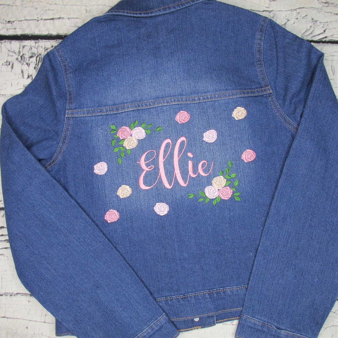 Personalized Denim Jacket for Girl - Monogrammed Jean Jacket With Flowers - Cursive Name With ...