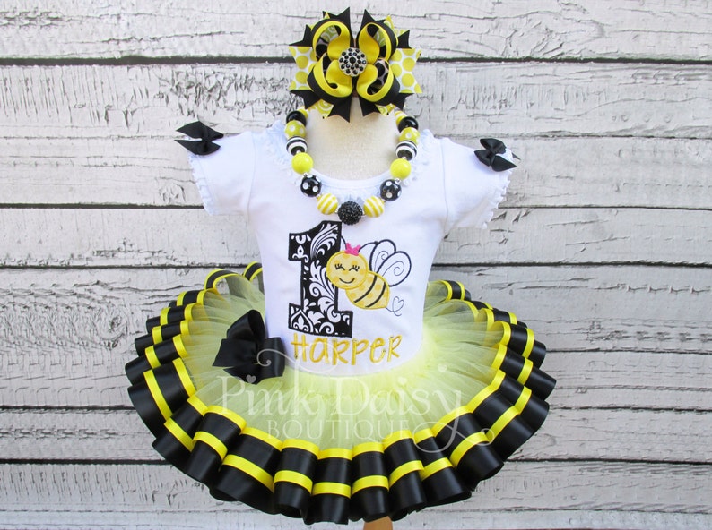 Girls Black and Yellow Bumble Bee Themed Appliqué Shirt and Ribbon Tutu ...