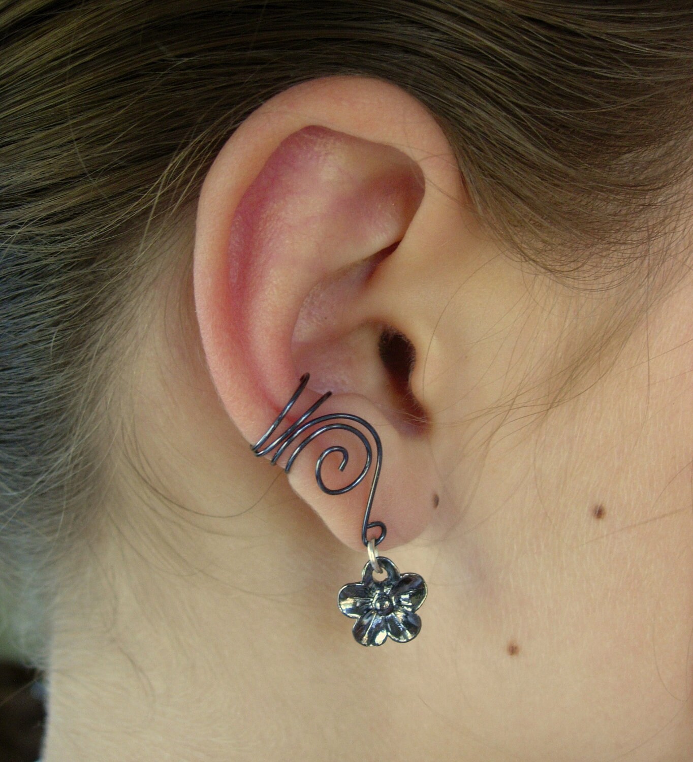 Pair of Black Plated Copper Ear Cuffs With Cute 5 Petal Flower Charm ...
