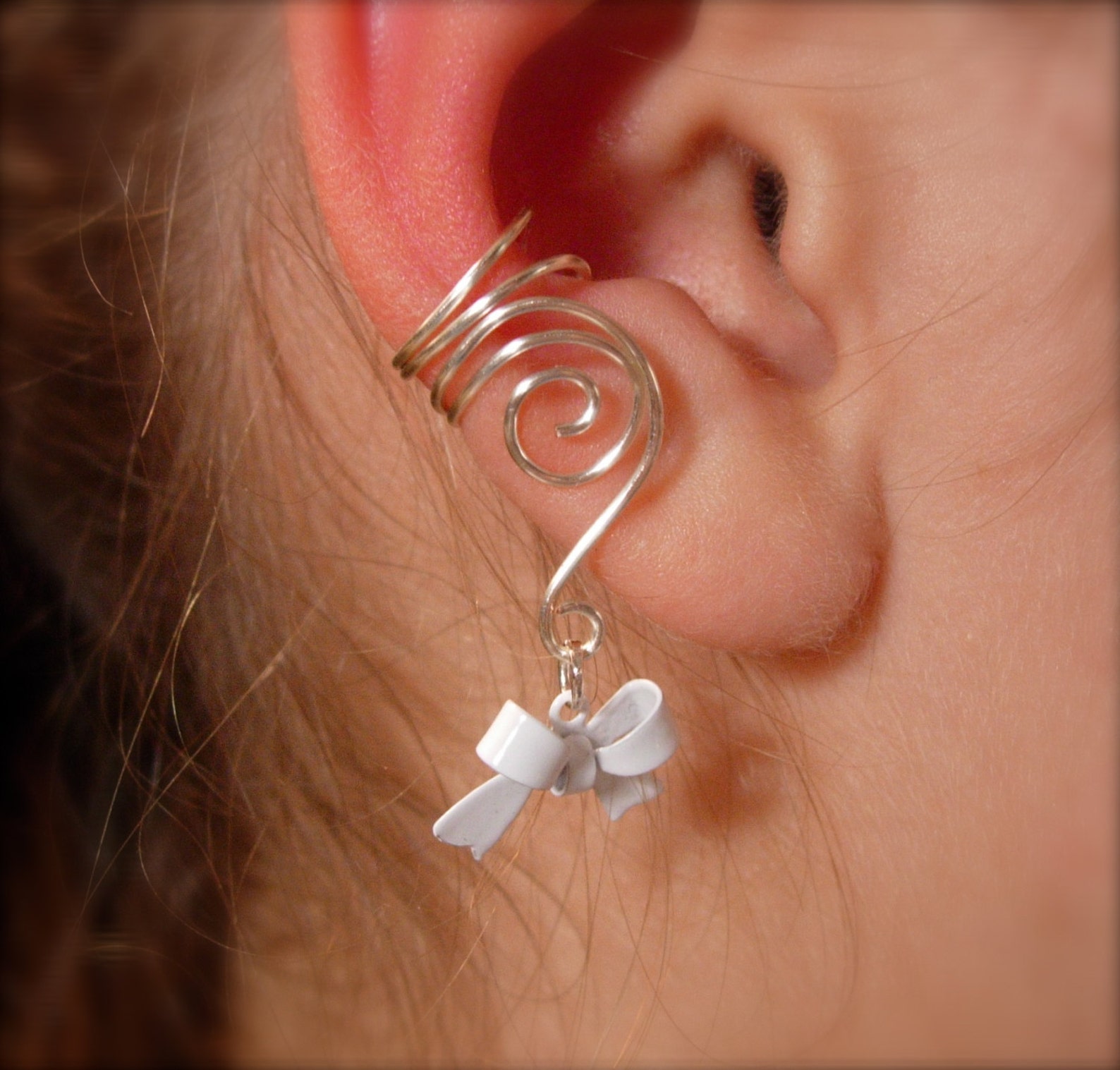 Earcuffs, Ear Wraps, Pair of Silver Ear Cuffs With White Bow Charms ...
