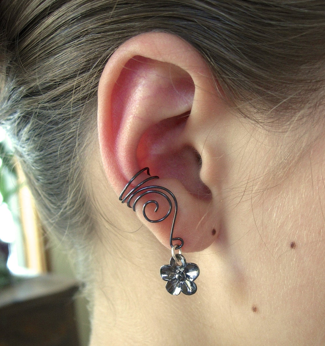 Pair of Black Plated Copper Ear Cuffs With Cute 5 Petal Flower Charm ...