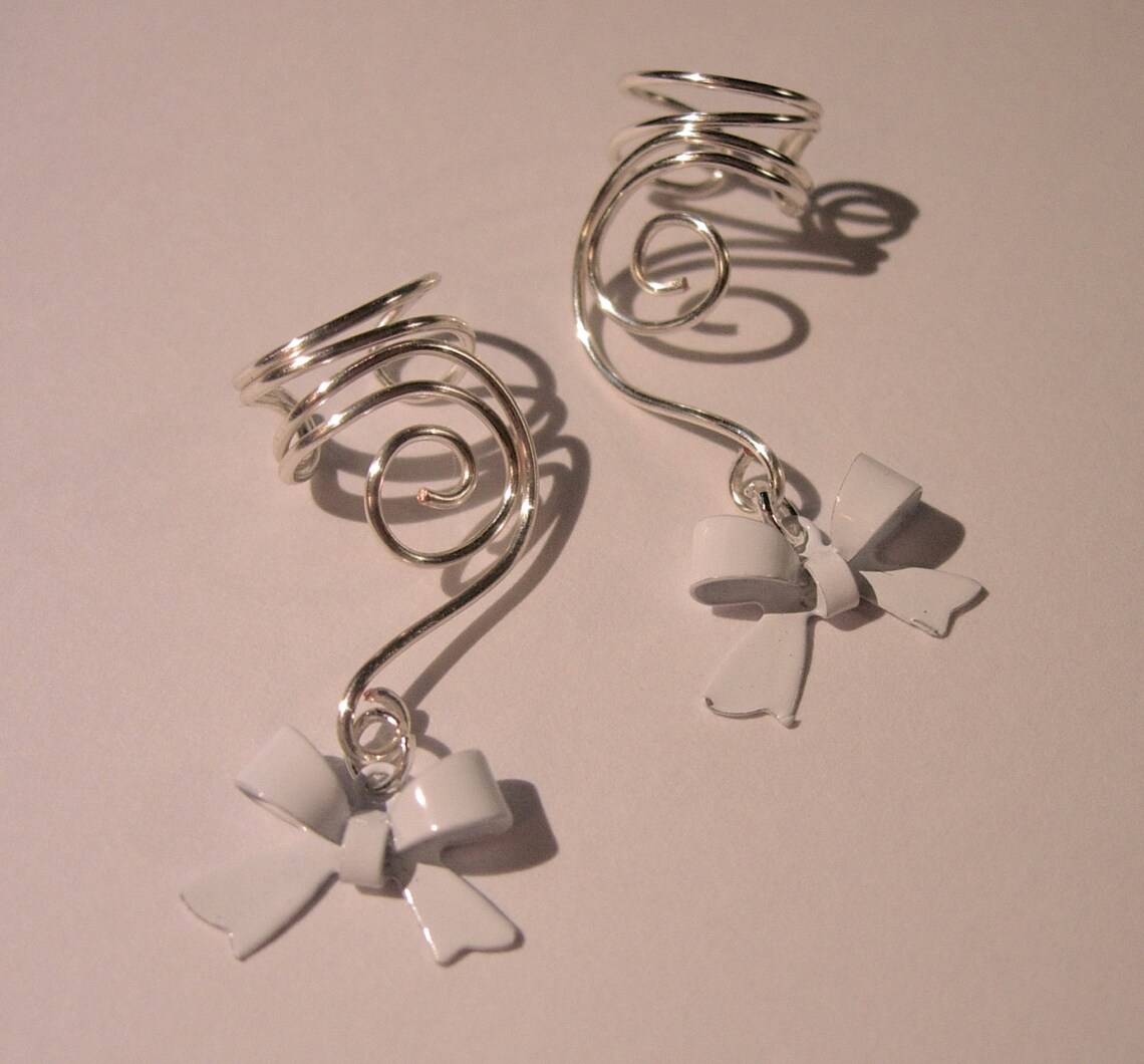 Earcuffs, Ear Wraps, Pair of Silver Ear Cuffs With White Bow Charms ...