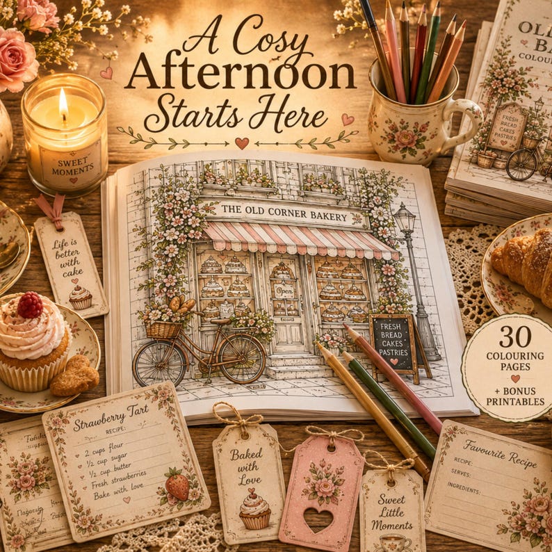 Old Corner Bakery Colouring Book, 40 Printable Pages, Cosy Baking Theme ...