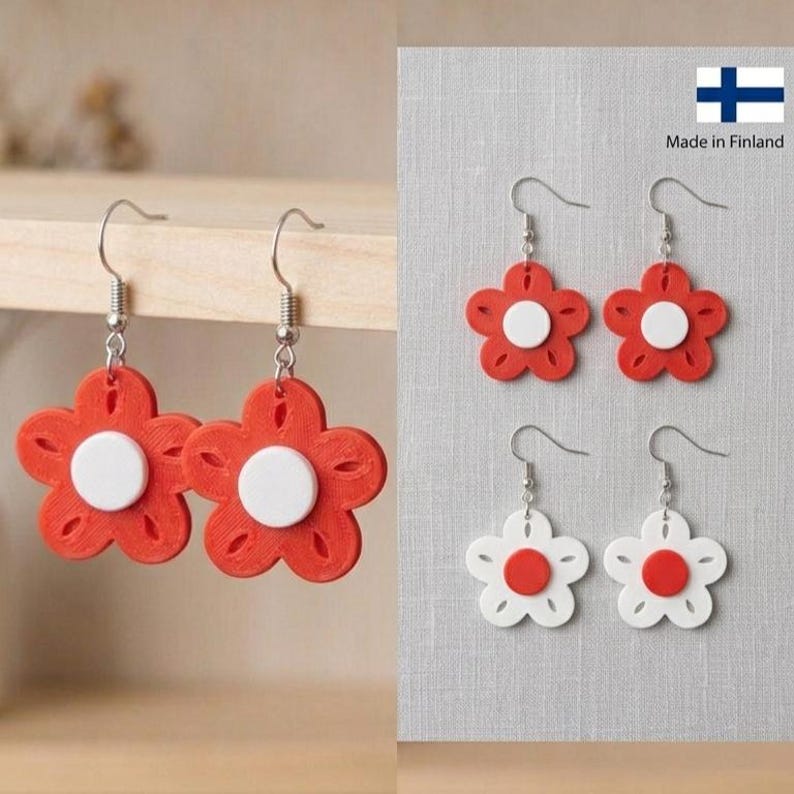 Retro 3D Printed Flower Drop Earrings | Cute Red & White Daisy Dangle ...