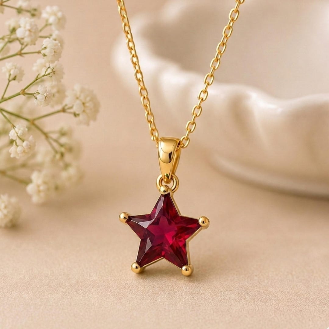 Ruby Star Pendant Necklace • July Birthstone Necklace • Celestial Ruby ...