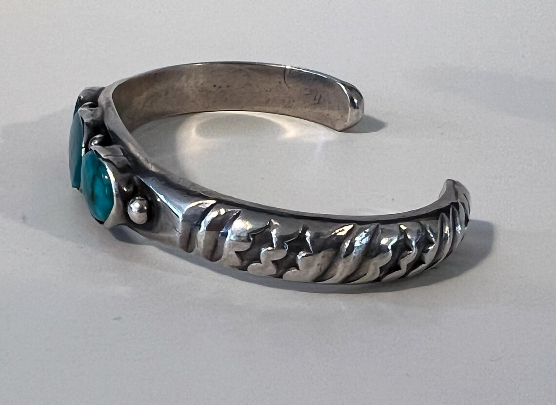 Ingot Silver Navajo or Pueblo Narrow Cuff With 3 Blue Gem Turquoise ...