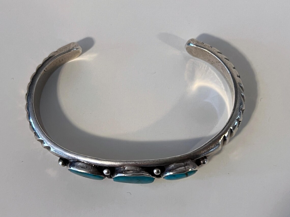 Ingot Silver Navajo or Pueblo Narrow Cuff With 3 Blue Gem Turquoise ...